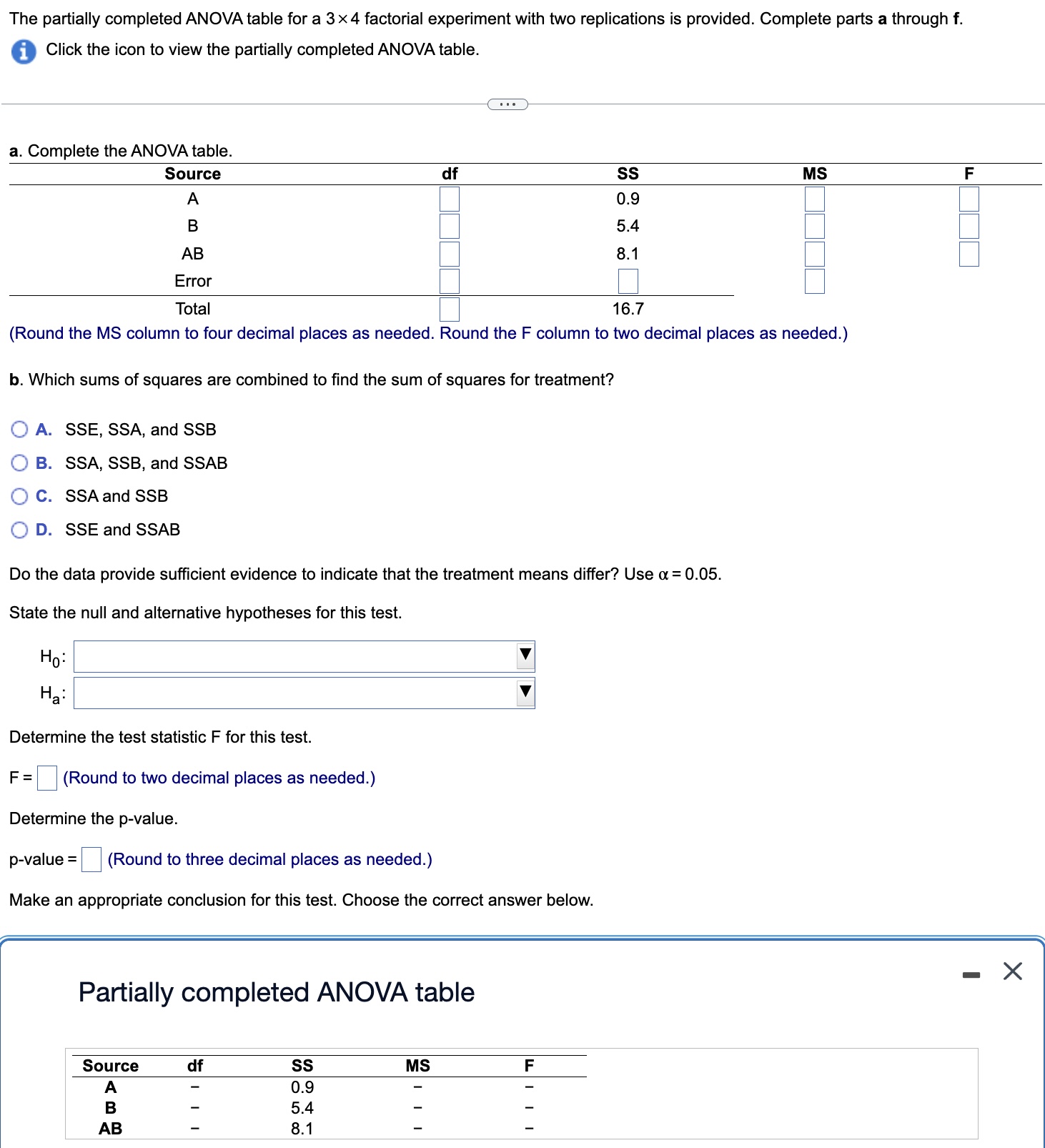 Solved The partially completed ANOVA table for a 3×4 | Chegg.com