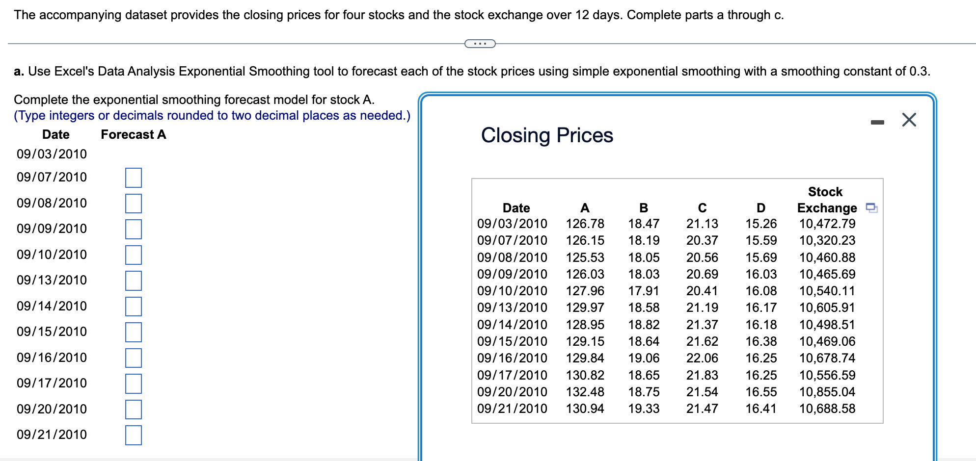 Solved The accompanying dataset provides the closing prices | Chegg.com