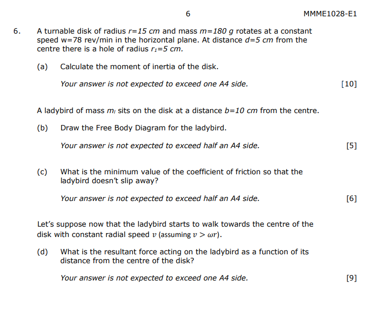 Solved 6 MMME1028-E1 6. A turnable disk of radius r=15 cm | Chegg.com