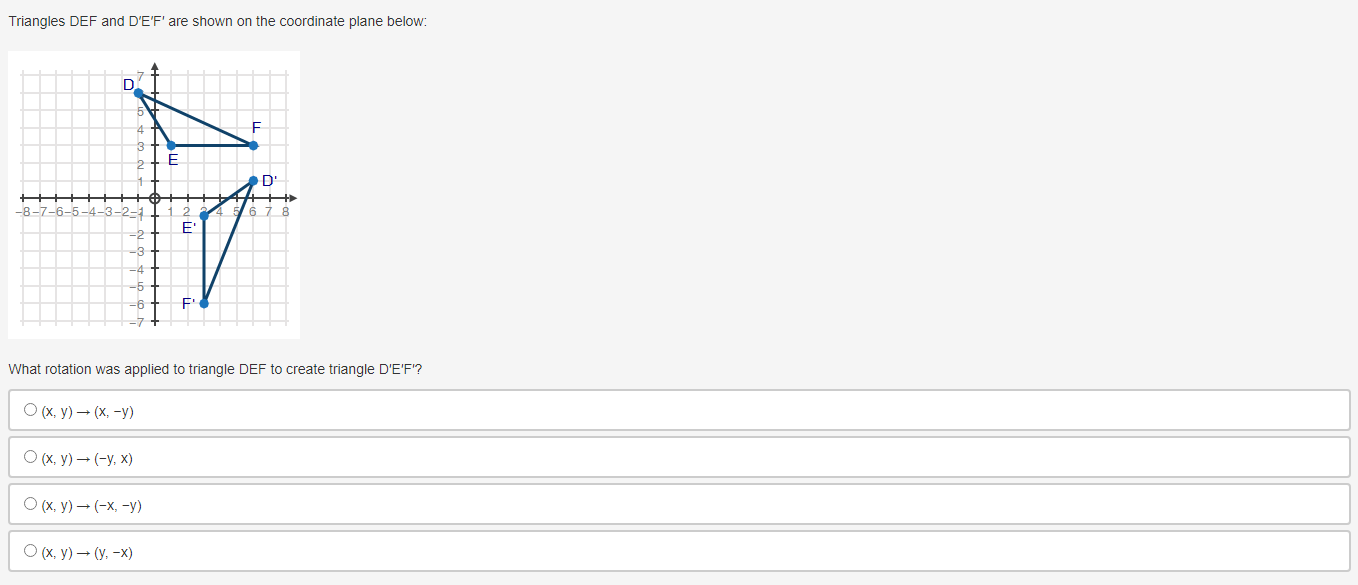 Solved Triangles DEF and D′E′F′ are shown on the coordinate | Chegg.com Solved Triangles DEF and D′E′F′ are shown on the coordinate | Chegg.com