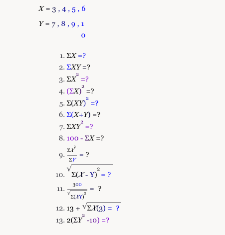 Solved x=3,4,5,6Y=7,8,9,1O ﻿1. Σx= ? ﻿ ﻿2. ΣxY= ? | Chegg.com
