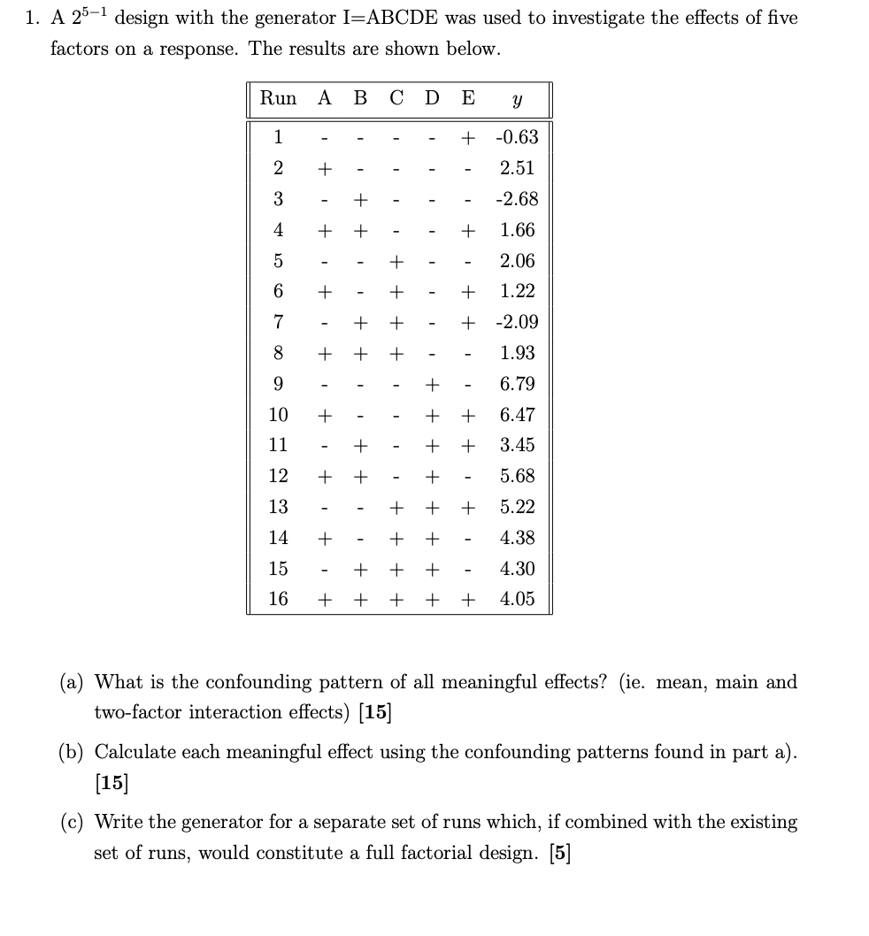 1. A 25−1 design with the generator I=ABCDE was used | Chegg.com