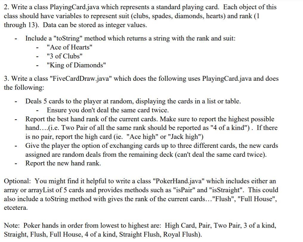 2. Write a class Playing Card.java which represents a | Chegg.com