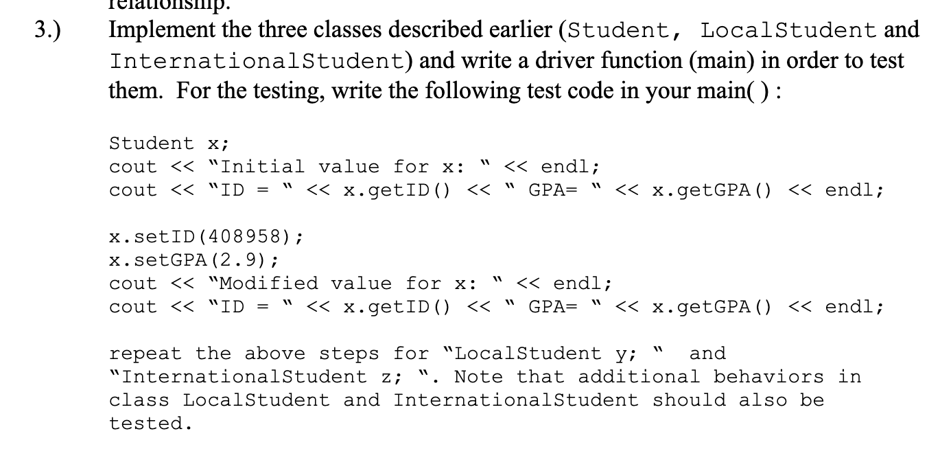 Solved The following is a specification of three classes: | Chegg.com