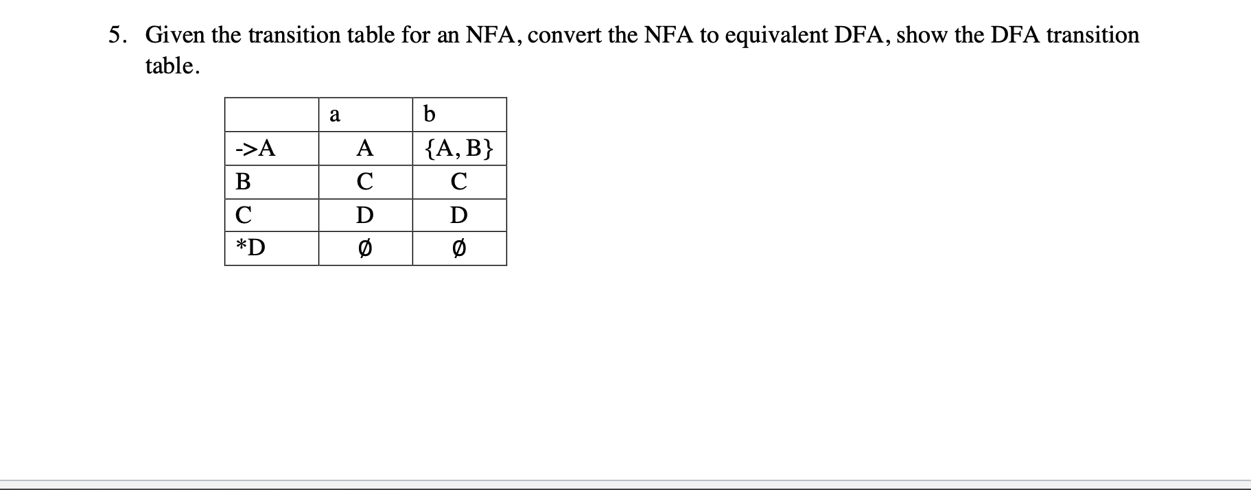 Solved 5. Given the transition table for an NFA, convert the | Chegg.com