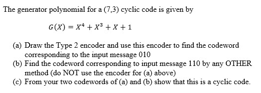 Solved The generator polynomial for a (7.3) cyclic code is | Chegg.com
