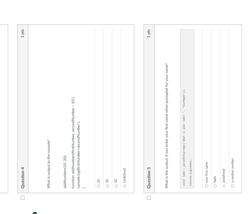 Solved What is output to the console? addNumbers (10,20); | Chegg.com