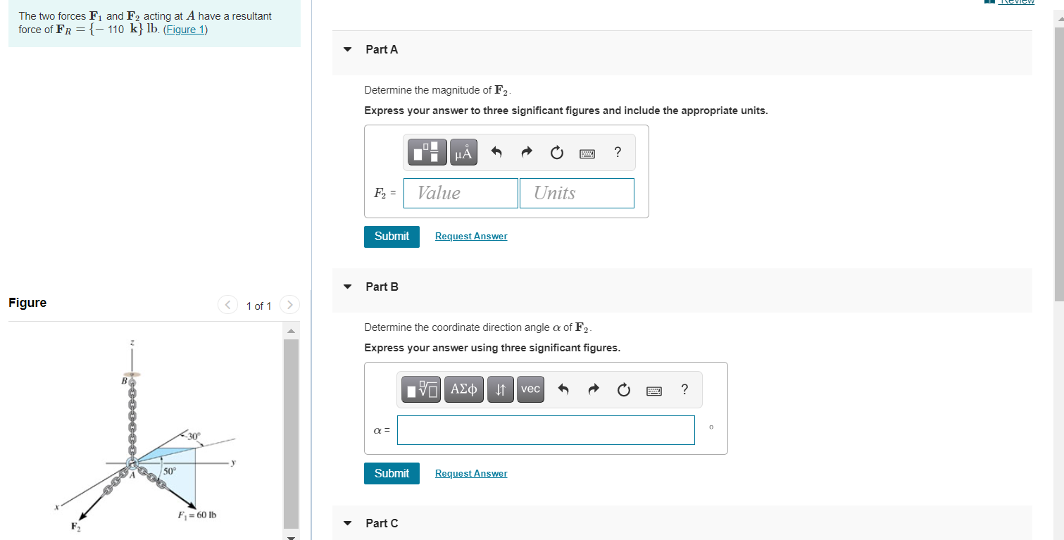 Solved The two forces F1 and F2 acting at A have a resultant | Chegg.com