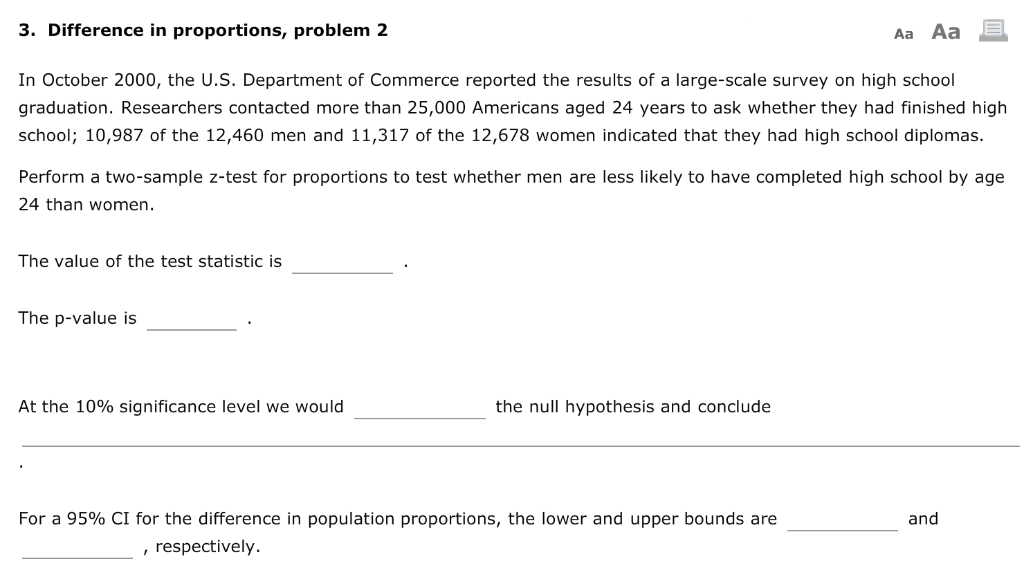 Solved 3. Difference in proportions, problem 2 Aa Aa In | Chegg.com