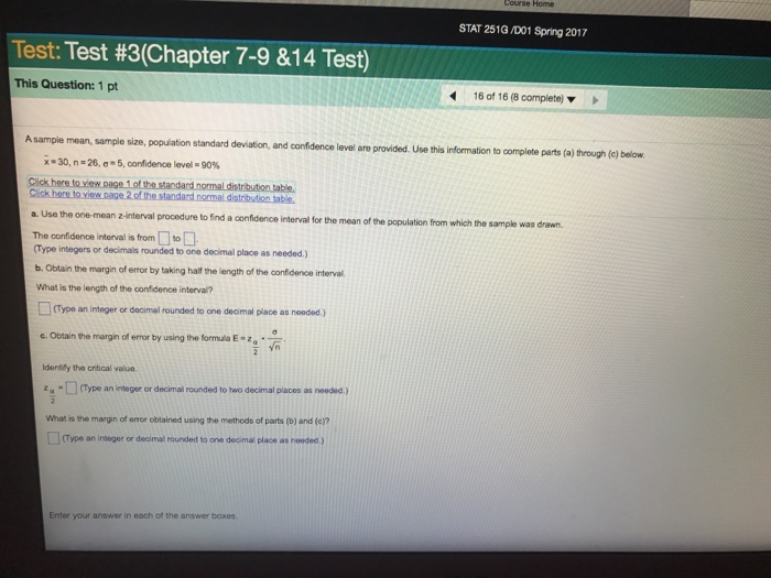 Solved A sample mean, sample size, population standard | Chegg.com
