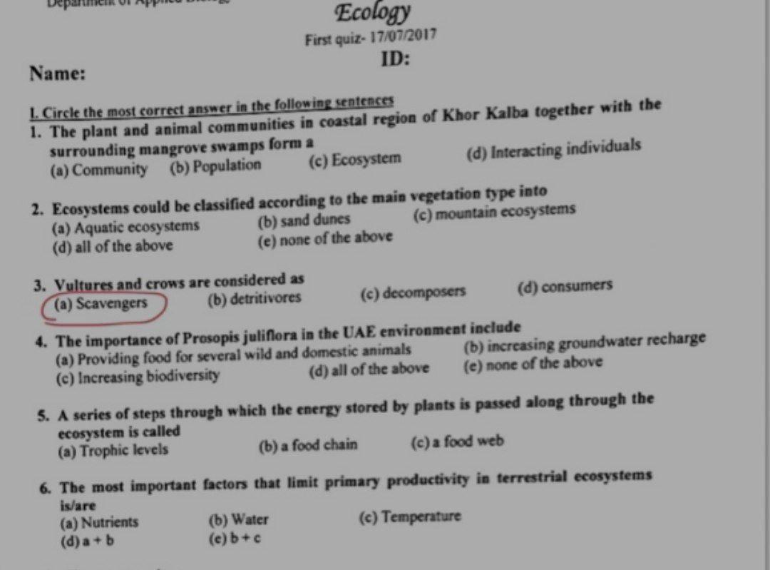 Solved Ecology First quiz- 17/07/2017 ID: Name: L. Circle | Chegg.com