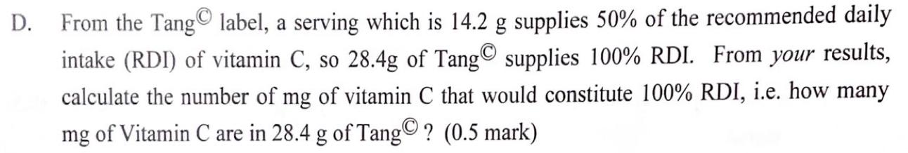 Solved D. From the Tang label, a serving which is 14.2 g | Chegg.com