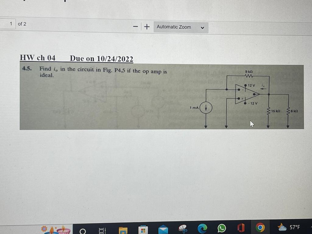 Solved 4.5. Find i0 in the circuit in Fig. P4 5 if the op | Chegg.com