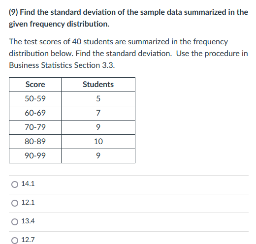 Solved (9) ﻿Find the standard deviation of the sample data | Chegg.com