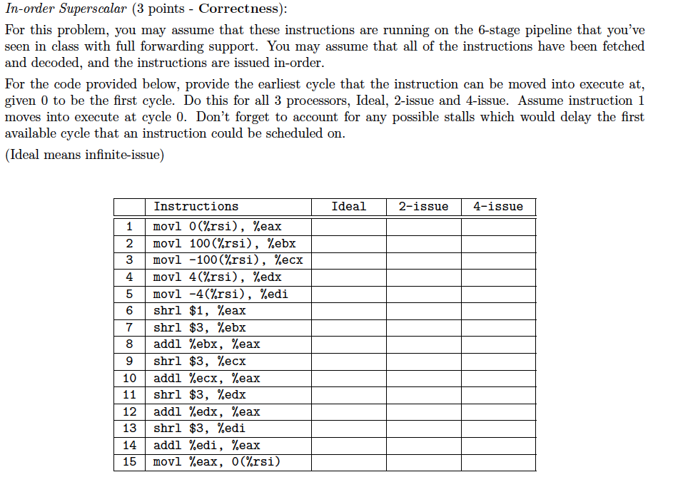 In-order Superscalar (3 points - Correctness): For | Chegg.com