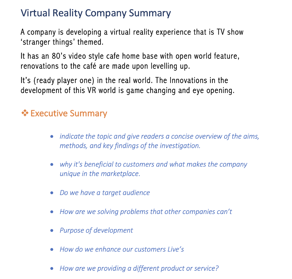 Solved Virtual Reality Company Summary A company is | Chegg.com