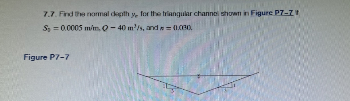 Solved 7.7. ﻿Find the normal depth yn ﻿for the triangular | Chegg.com