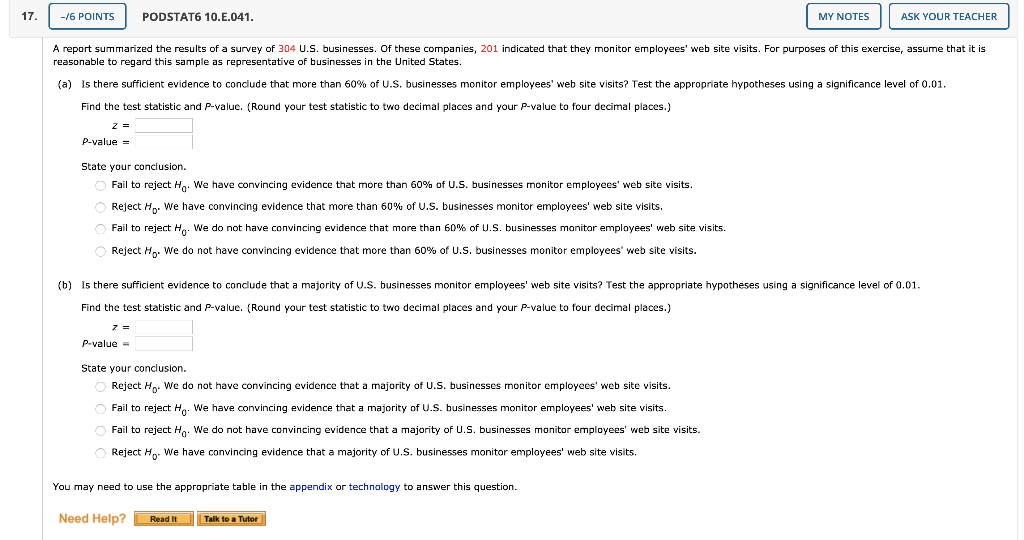Solved 17. -/6 POINTS PODSTAT6 10.E.041. MY NOTES ASK YOUR | Chegg.com