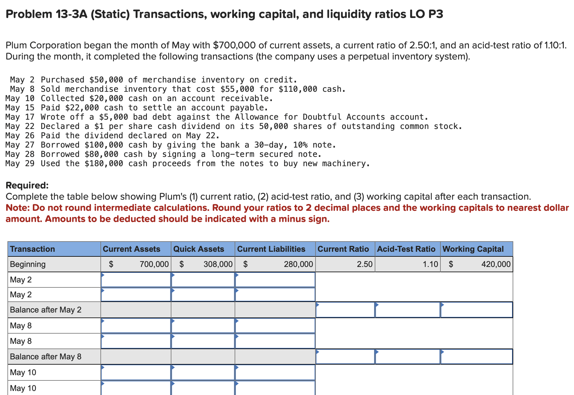 Solved Problem 13-3A (Static) Transactions, working capital, | Chegg.com