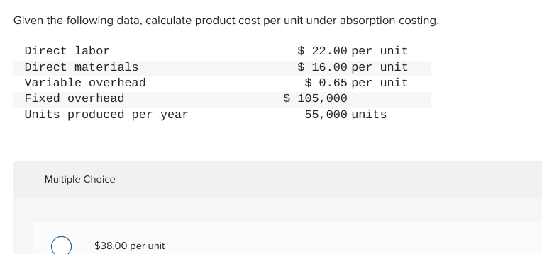 Solved Given the following data, calculate product cost per | Chegg.com