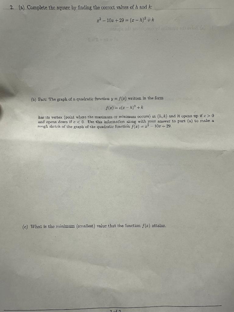 Solved 2. (a) Complete the square by finding the correct | Chegg.com