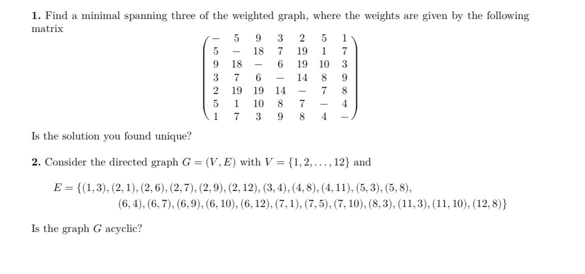 Solved 1. Find a minimal spanning three of the weighted | Chegg.com