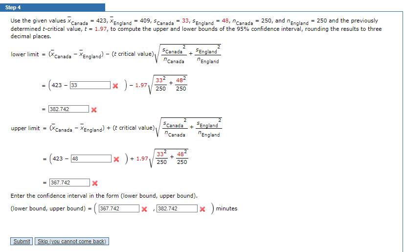 Solved Use the given values xˉCanada =423,xˉEngland | Chegg.com