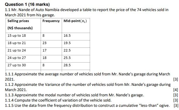 Question 1 (16 marks) 1.1 Mr. Nande of Auto Namibia | Chegg.com