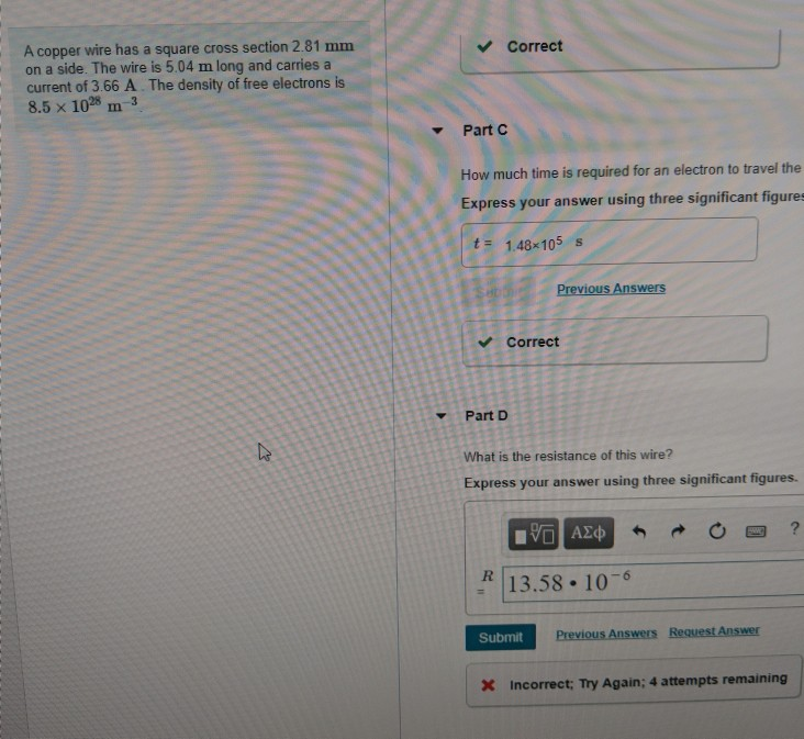 Solved Correct A copper wire has a square cross section 2.81 | Chegg.com