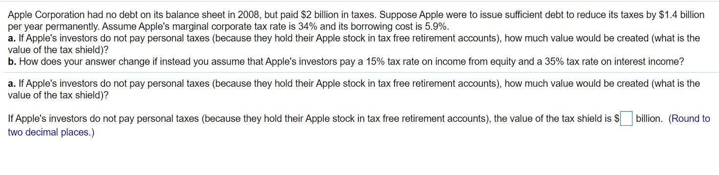 Solved Apple Corporation had no debt on its balance sheet in | Chegg.com