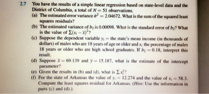 Solved 2.7 You have the results of a simple linear | Chegg.com