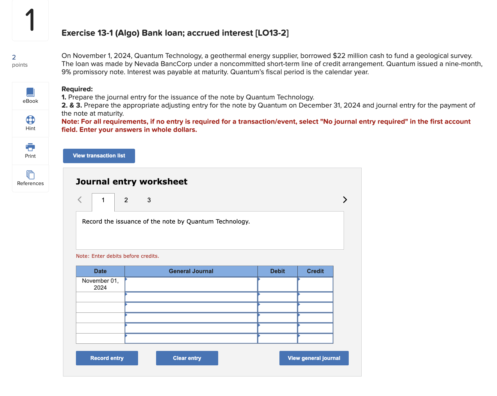 Solved Exercise 13-1 (Algo) ﻿Bank loan; accrued interest | Chegg.com