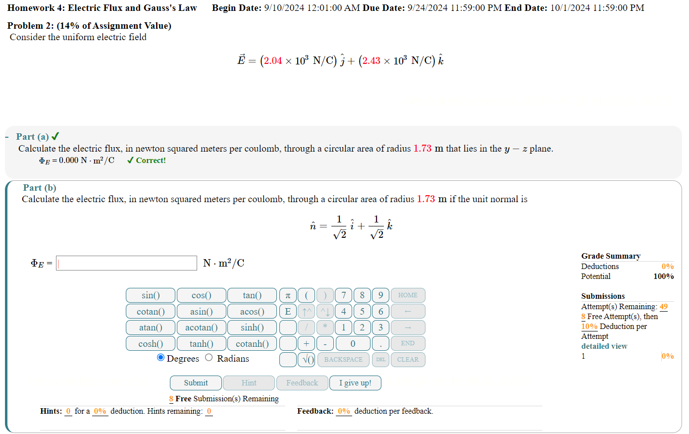 Solved Calculate the electric flux, in Newtons Squared | Chegg.com