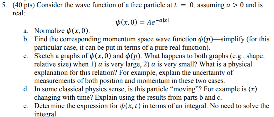 Solved 5. (40 pts) Consider the wave function of a free | Chegg.com