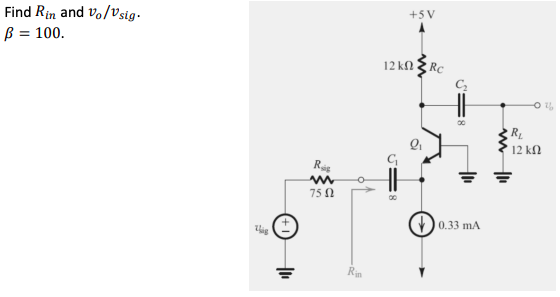 Solved +5V Find Rin and v./Vsig. B = 100 12 kn RC O Q R. 12 | Chegg.com
