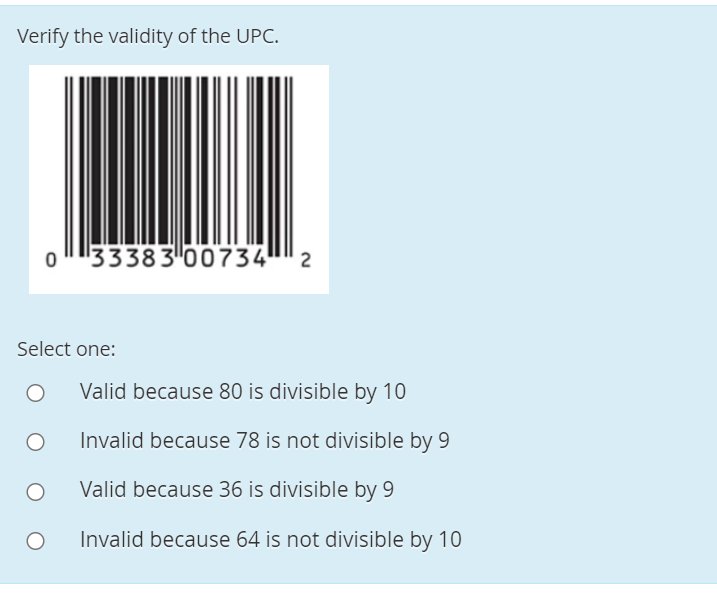 Solved Verify the validity of the UPC. 0 13338 300 734 2. . | Chegg.com
