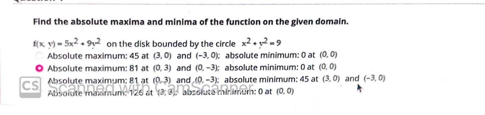 Solved Find the absolute maxima and minima of the function | Chegg.com