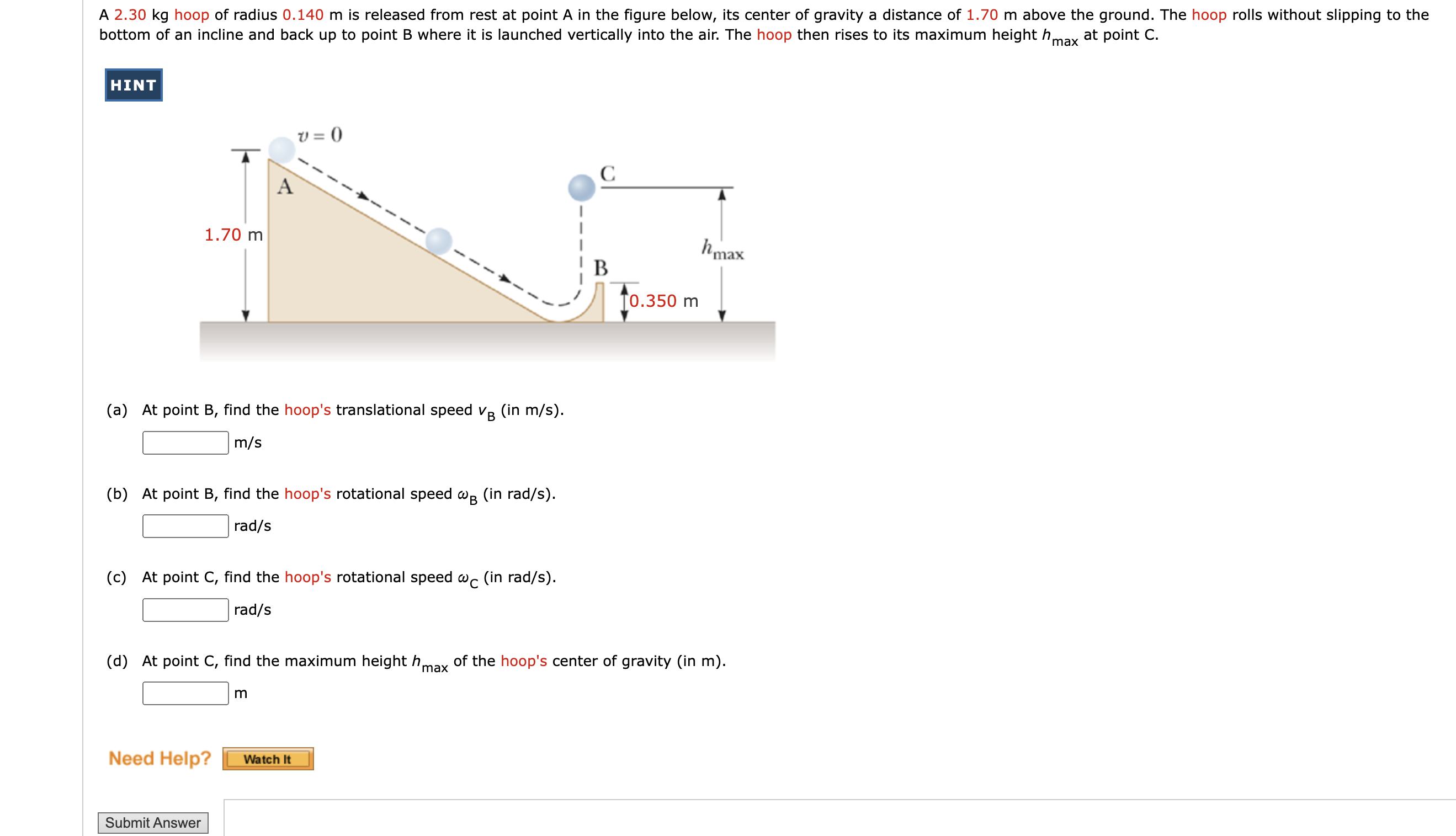 Solved A 2.30 kg hoop of radius 0.140 m is released from | Chegg.com
