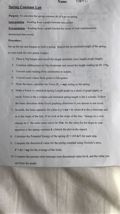 Solved NOW Name Spring Constant Lab Purpose: To calculate | Chegg.com