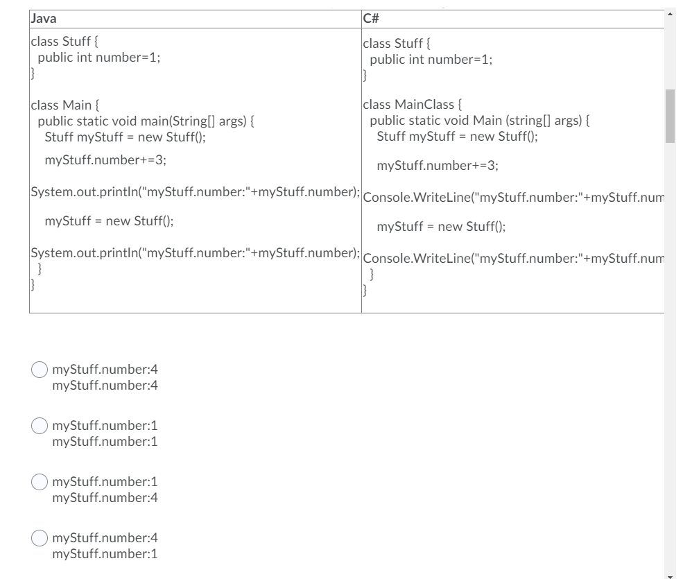 Solved Java C# class Stuff { public int number=1; class | Chegg.com