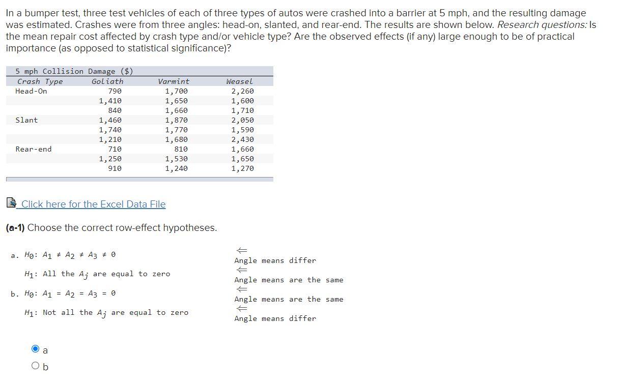 Solved In a bumper test, three test vehicles of each of | Chegg.com