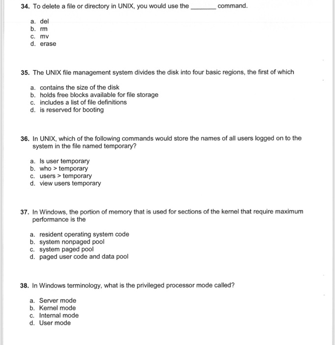 Solved 34 To Delete A File Or Directory In Unix You Would 