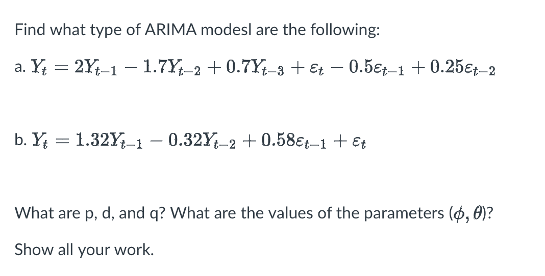Solved Find what type of ARIMA modesl are the following: a. | Chegg.com