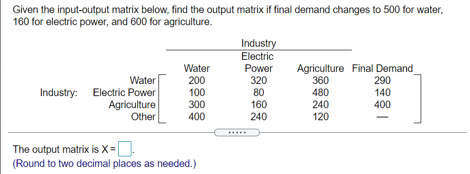 Solved Given the input-output matrix below, find the output | Chegg.com