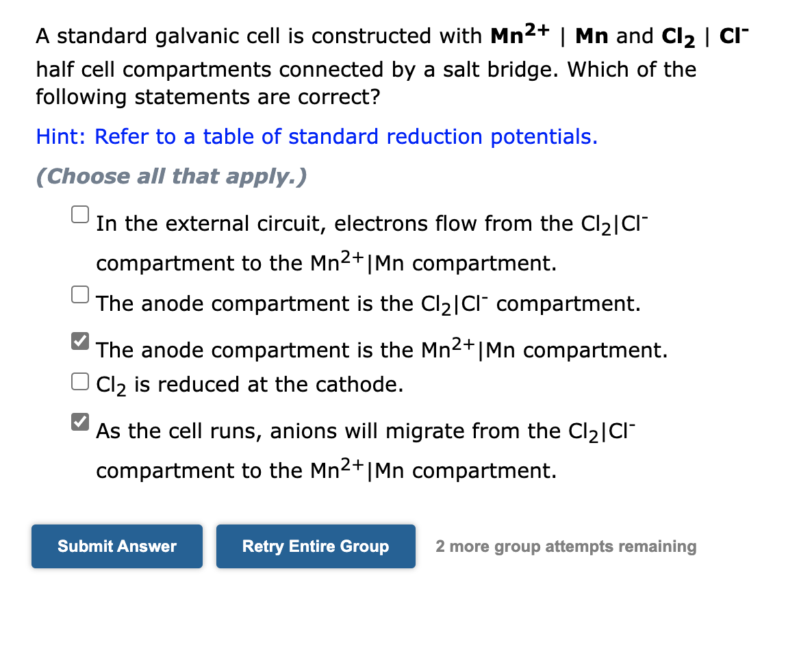 Solved A standard galvanic cell is constructed with Mn2+ | | Chegg.com