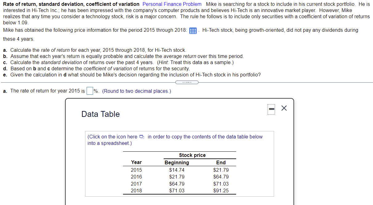 Solved Rate of return, standard deviation, coefficient of | Chegg.com
