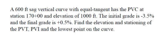 Solved A 600 ft sag vertical curve with equal-tangent has | Chegg.com