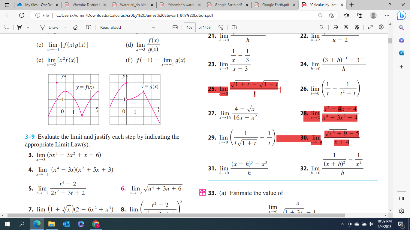 Solved (c) limx→−1[f(x)g(x)] (d) limx→3g(x)f(x) 21. limh→0h− | Chegg.com