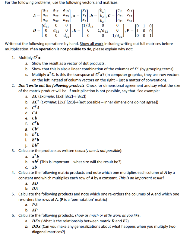 Solved For the following problems, use the following vectors | Chegg.com