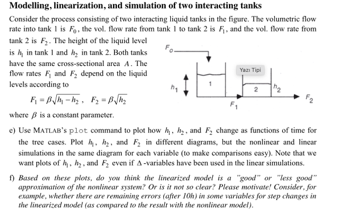 Solved Modelling, linearization, and simulation of two | Chegg.com